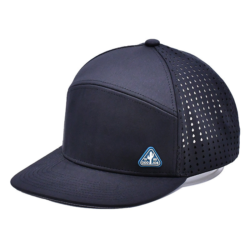 Black 6 Panel Snapback Hat Structured Construction Custom Rubber Patch ...