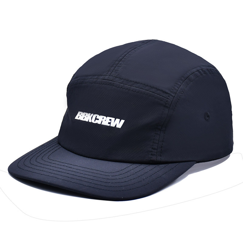 Flat Brim 5 Panel Camper Hat Featuring Sports Mesh Sweatband And Woven ...